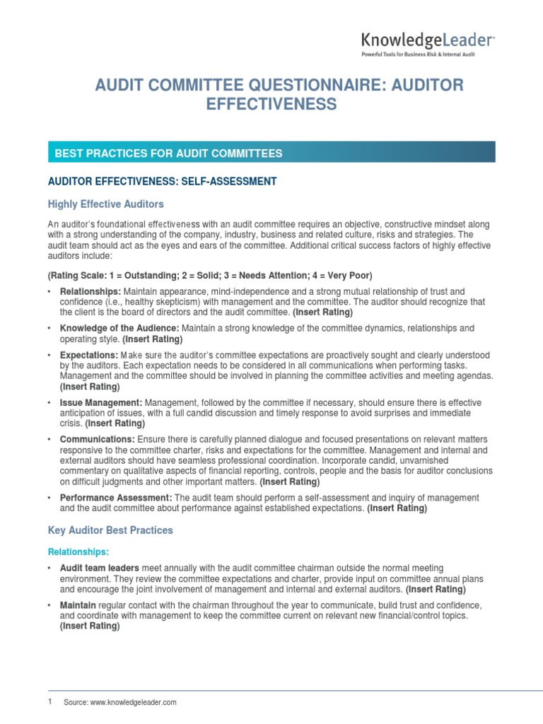 Audit Committee Questionnaire - Auditor Effectiveness | PDF | Internal ...