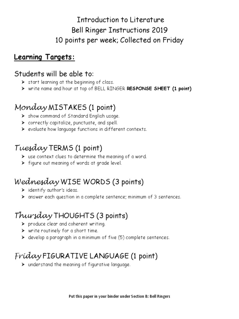 Bell Ringer Instructions s1 19 | PDF | Academic Term | English Language