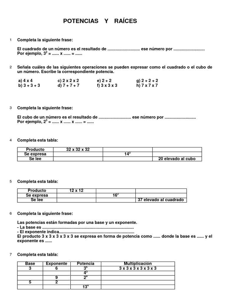 POTENCIAS_Y_RAICES 6 primaria.pdf | Exponenciación | Multiplicación