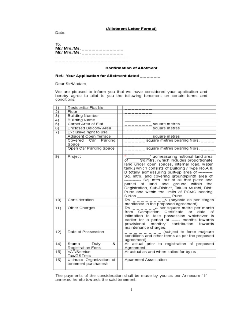 Allotment Letter Draft | PDF | Value Added Tax | Justice