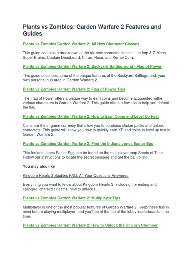 PvZ GW2 Guide to Character Classes, Backyard Battleground & More | PDF ...