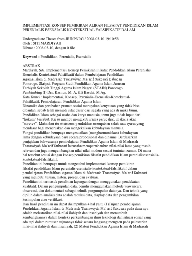 Implementasi Konsep Pemikiran Aliran Filsafat Pendidikan Islam Perenialis Esensialis Kontekstual ...