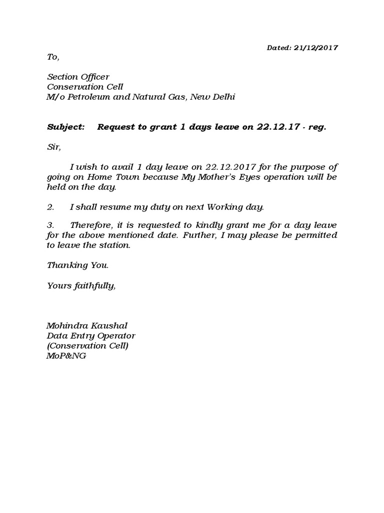 Request for One Day Leave to Care for Mother Undergoing Eye Surgery | PDF