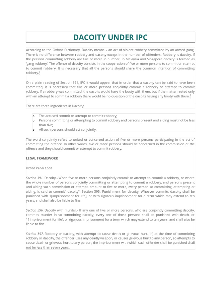 Dacoity Under Ipc: Legal Framework | PDF | Robbery | Penal Labour