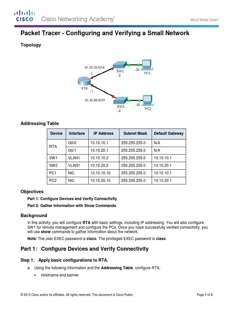 1.1.4.5 Packet Tracer - Configuring and Verifying A Small Network Instructions PDF | PDF | Ip ...