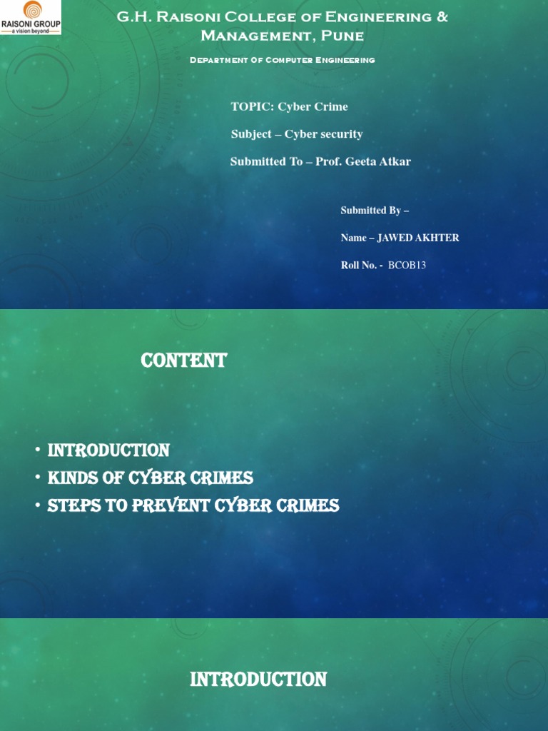 TOPIC: Cyber Crime Subject - Cyber Security Submitted To - Prof. Geeta ...