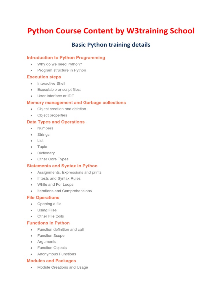 Python Course Content by W3training School | PDF | Python (Programming ...