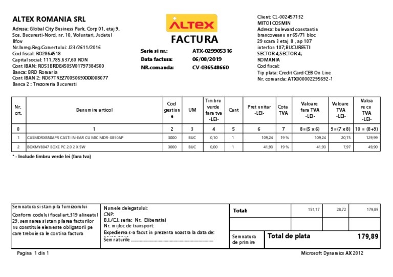 Factura: Altex Romania SRL | PDF | Business