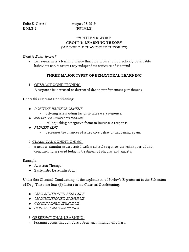Group 1: Learning Theory: What Is Behaviorism? | PDF | Behaviorism ...