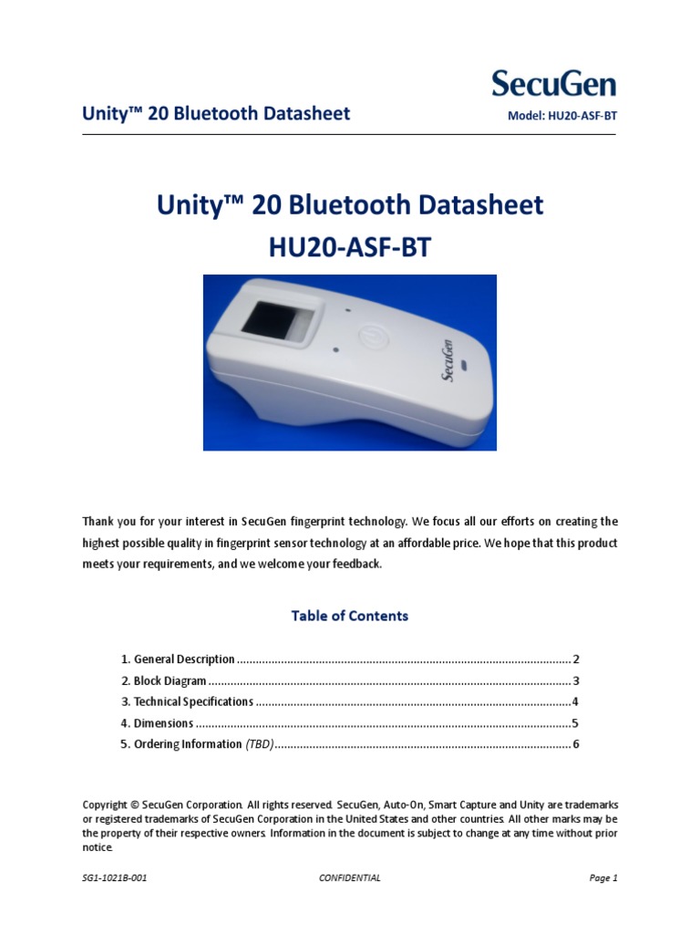 Unity 20 Bluetooth Datasheet SG1 1021B 001 | PDF | Bluetooth | Fingerprint