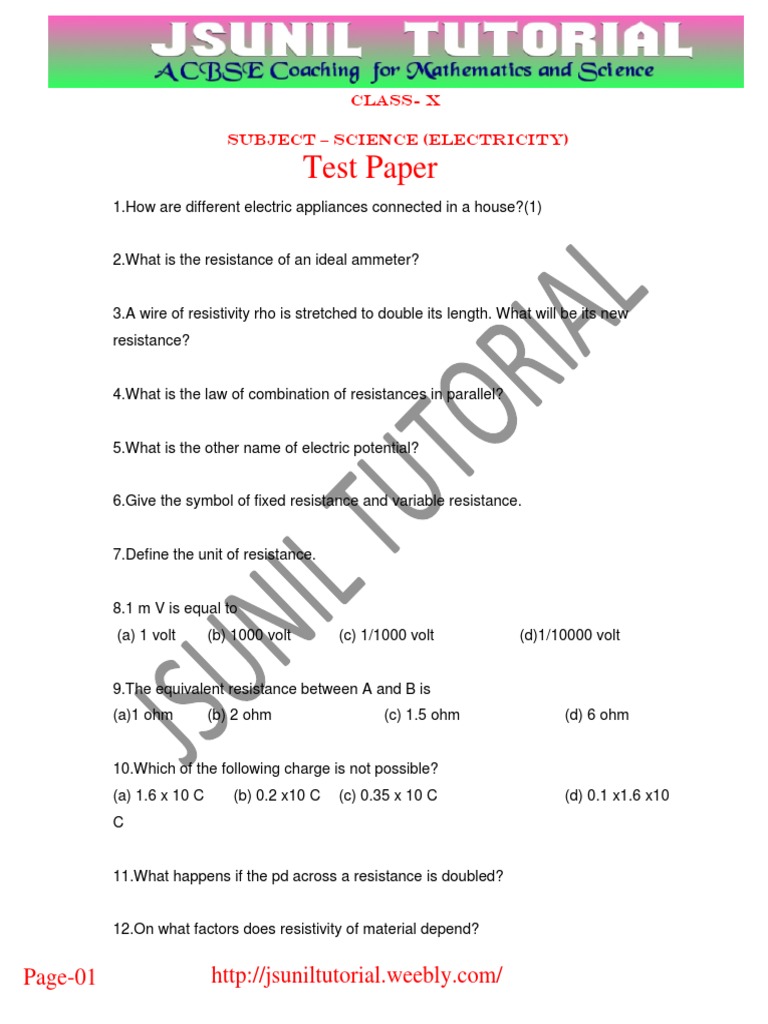 Class 10 Trend Setter Test Paper Chap - Electricity - 02 | PDF | Series ...