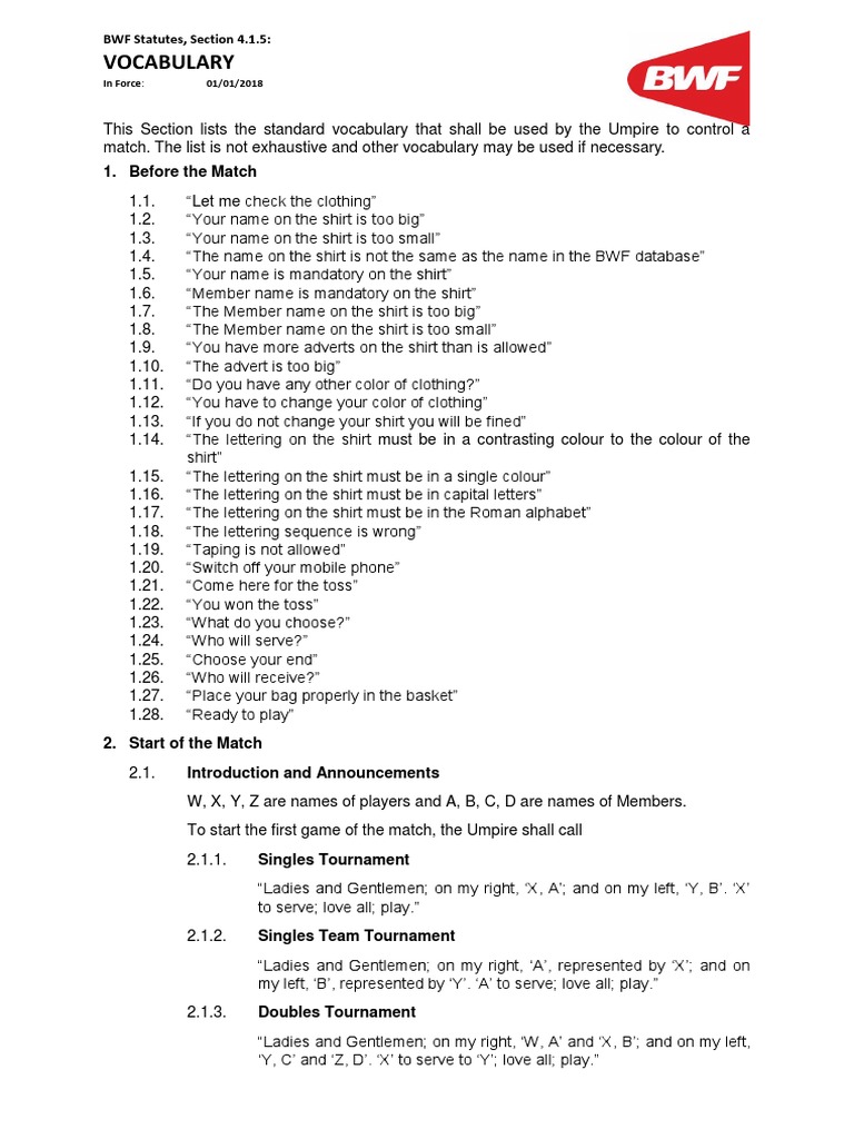 BWF Standard Umpire Vocabulary | PDF | Sports | Leisure