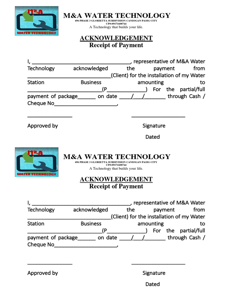 M&A Water Technology: Acknowledgement Receipt of Payment | PDF