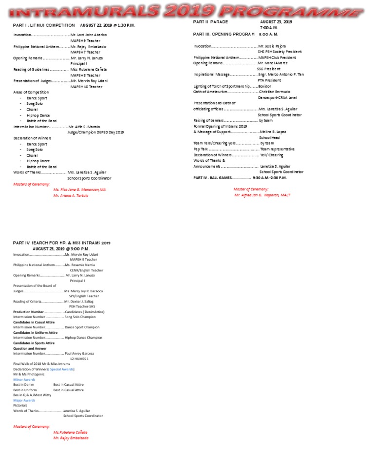 Intrams Program | PDF | Leisure