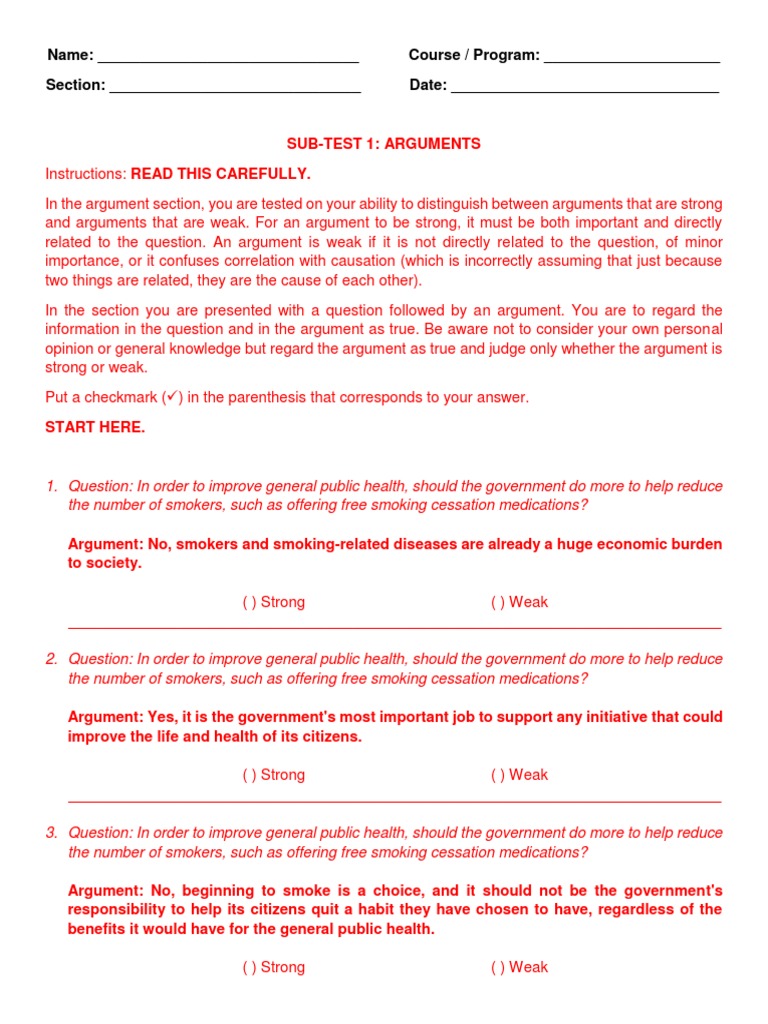 Critical Thinking Test Questionnaire | PDF | Smoking Cessation | Argument
