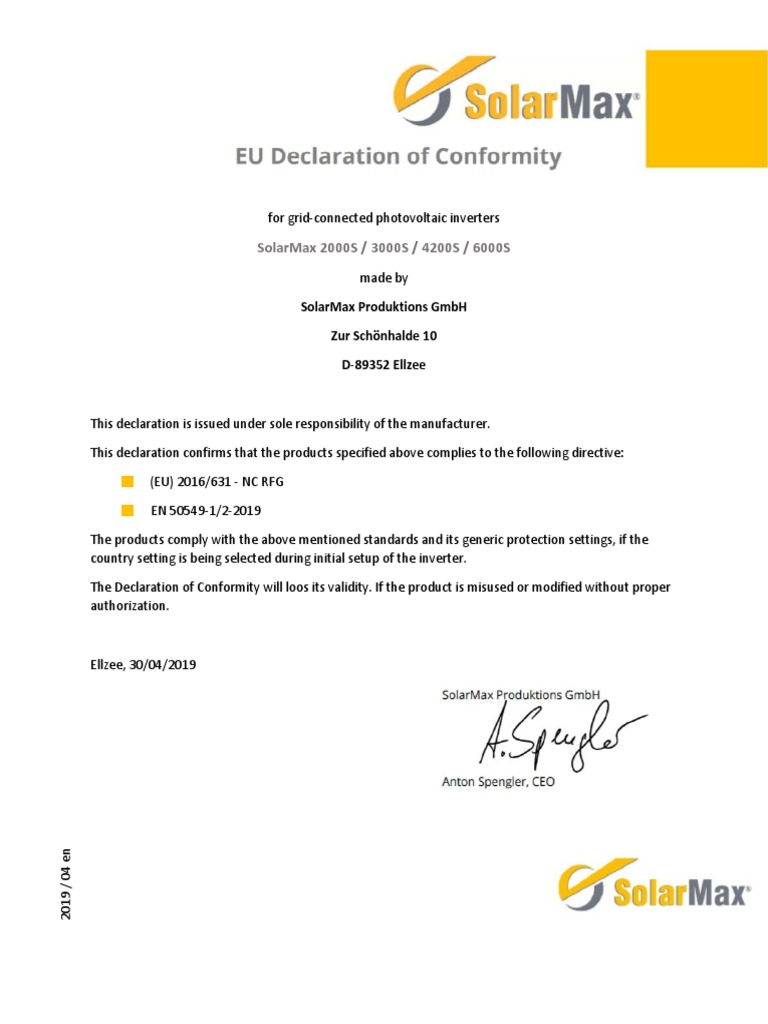 Declaration of Confirmity Solar Max en | PDF