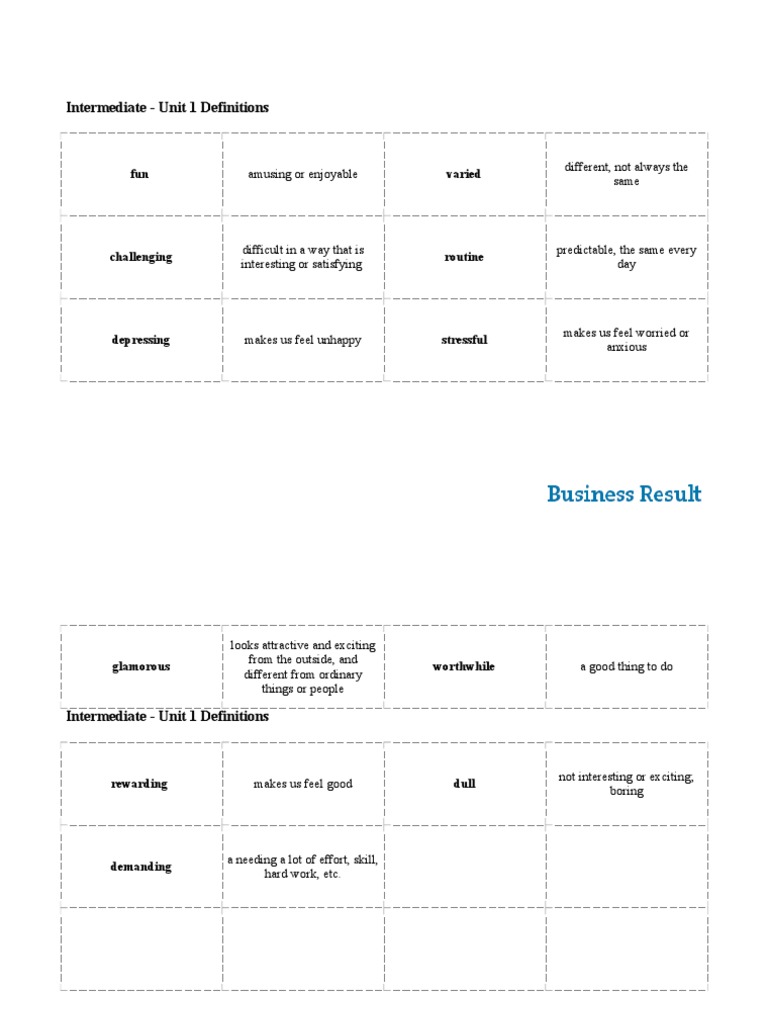 Intermediate - Unit 1 Definitions: Fun Varied | PDF