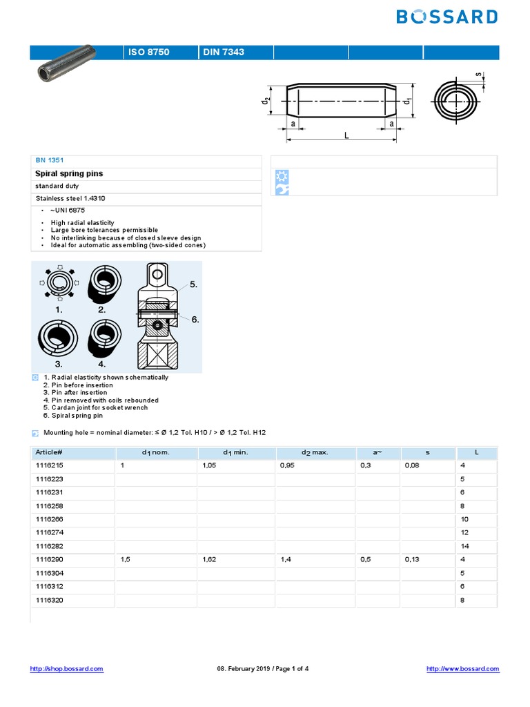 ISO 8750 DIN 7343: Spiral Spring Pins | PDF | Joining | Manufactured Goods