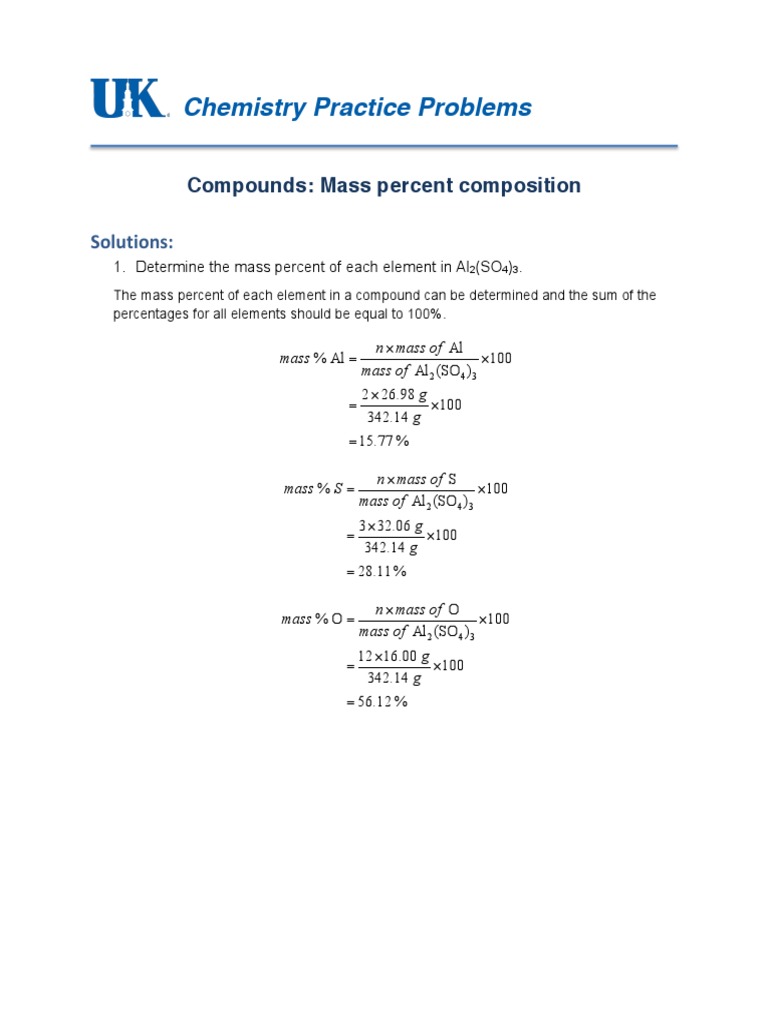 Chemistry Practice Problems: Compounds: Mass Percent Composition | PDF ...