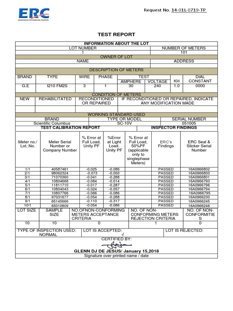 Test Report: Request No. 14-01L-0719-TP | PDF | Electrical Engineering ...