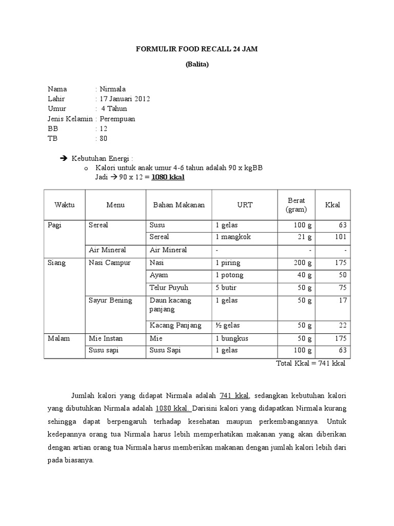 Formulir Food Recall 24 Jam | PDF