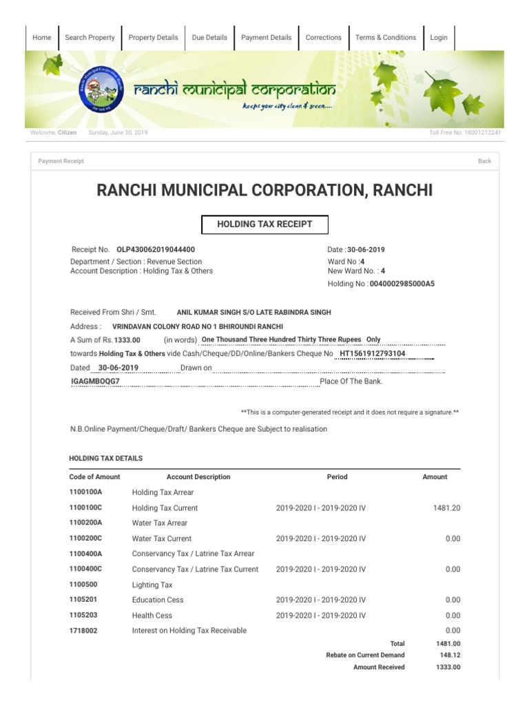 Ranchi Municipal Corporation, Ranchi: Holding Tax Receipt | PDF ...