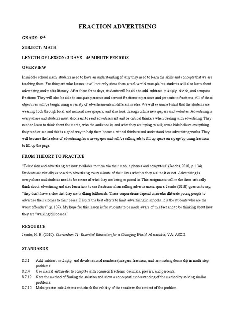 Fraction Advertising: Grade: 8 Subject: Math Length of Lesson: 3 Days ...