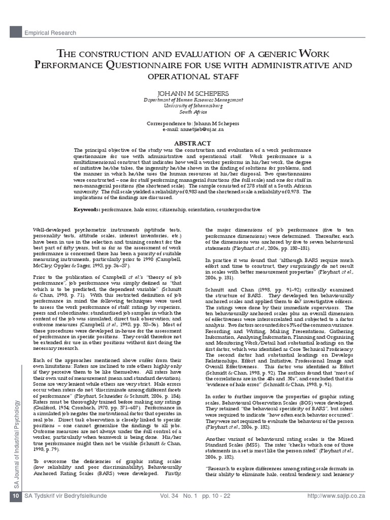 Developing a Generic Work Performance Questionnaire | PDF | Industrial ...