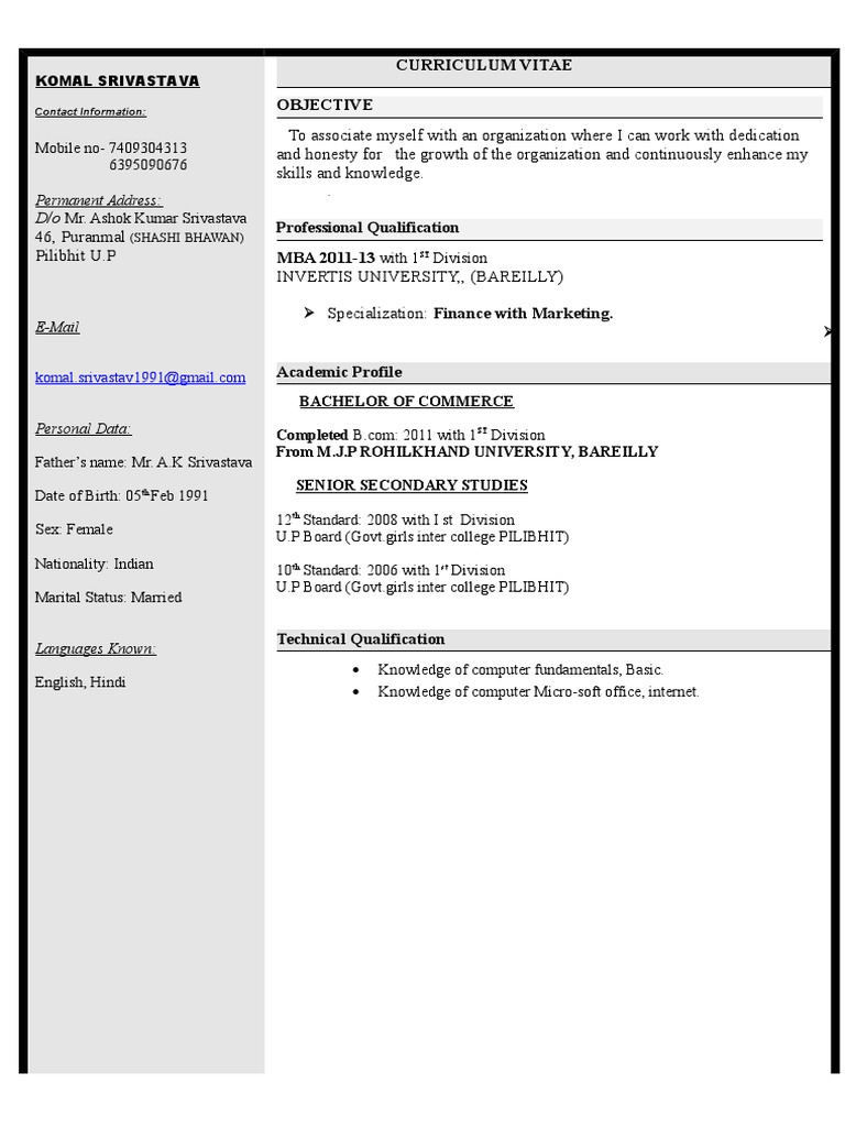 Curriculum Vitae Objective: Permanent Address | PDF | Business