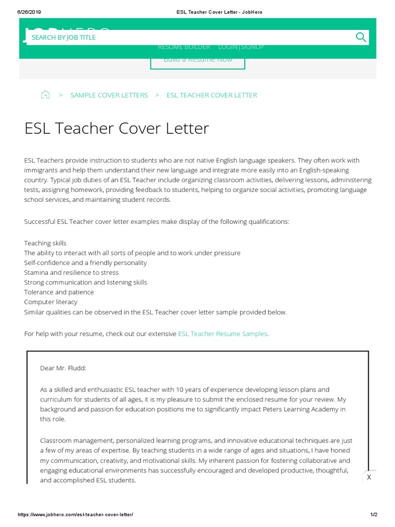 ESL Teacher Cover Letter - JobHero | PDF | English As A Second Or ...
