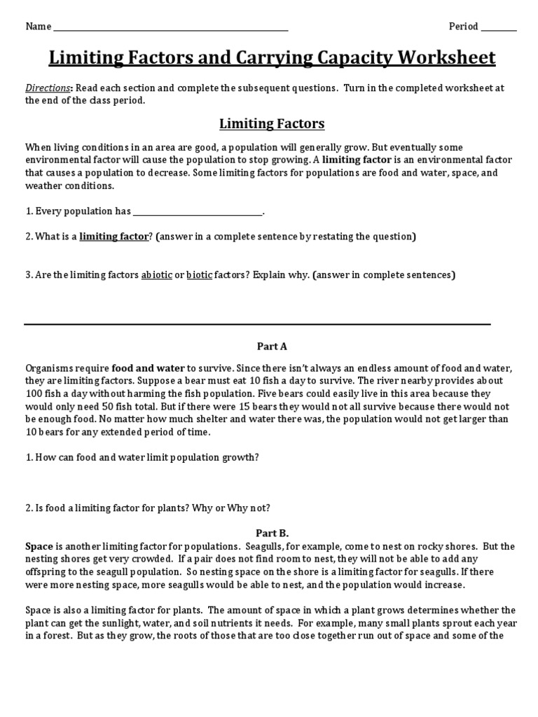 Carrying Capacity and Limiting Factors WKSHT | PDF | Plants | Human ...