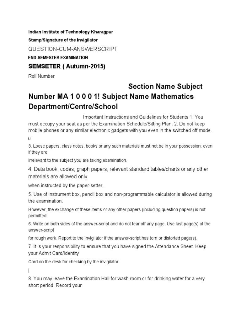 Section Name Subject Number MA 1 0 0 0 1! Subject Name Mathematics ...