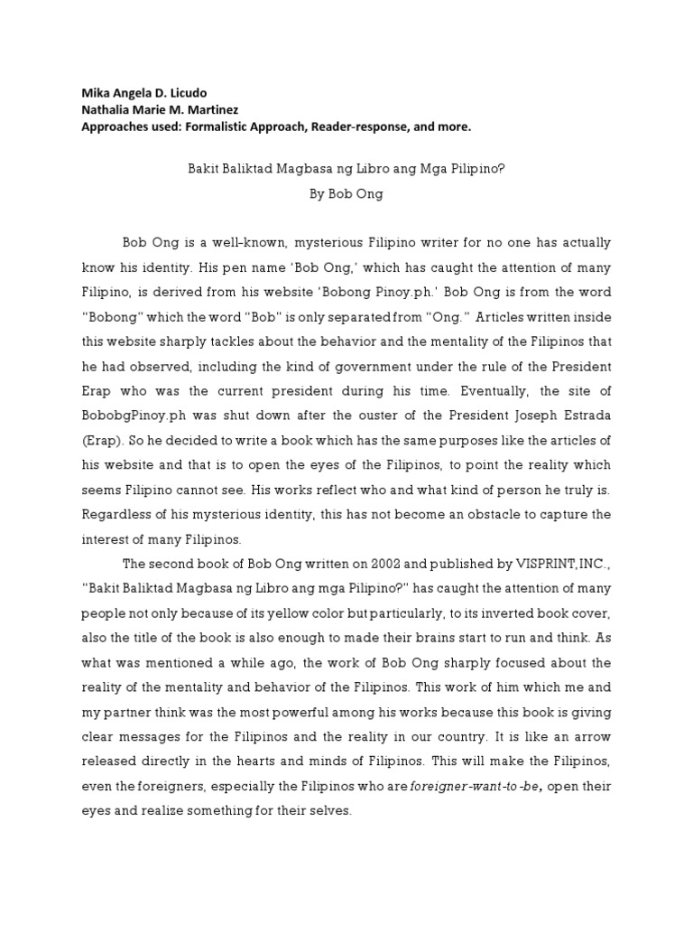Critique Paper - Bakit Baliktad Magbasa NG Libro Ang Mga Pilipino ...
