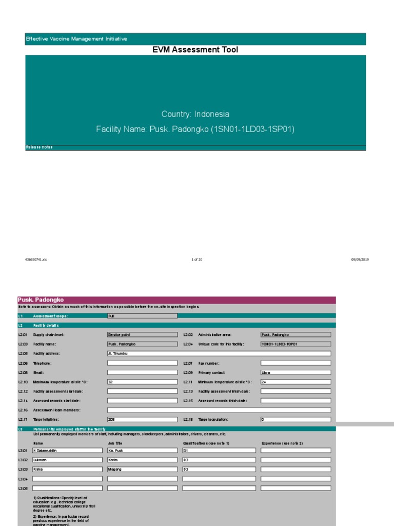 EVM Assessment Tool: Country: Indonesia Facility Name: Pusk. Padongko ...