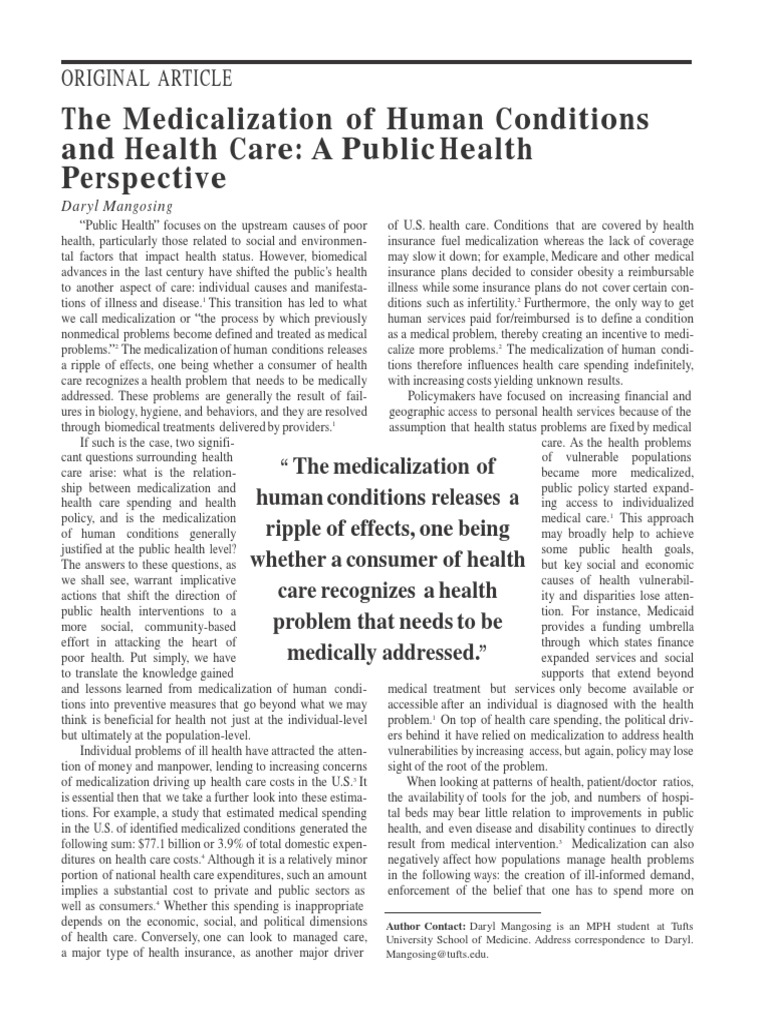 The Medicalization of Human Conditions and Health Care A Public Health ...