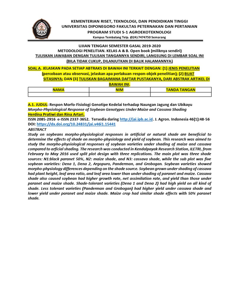 Soal Uts Metlit 2019 | PDF | Plant Nursery | Bean