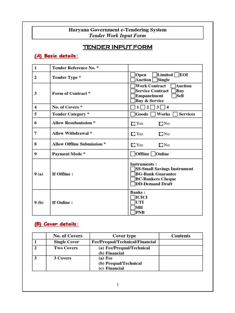 Tender Input Form Tender Input Form Tender Input Form Tender Input Form ...