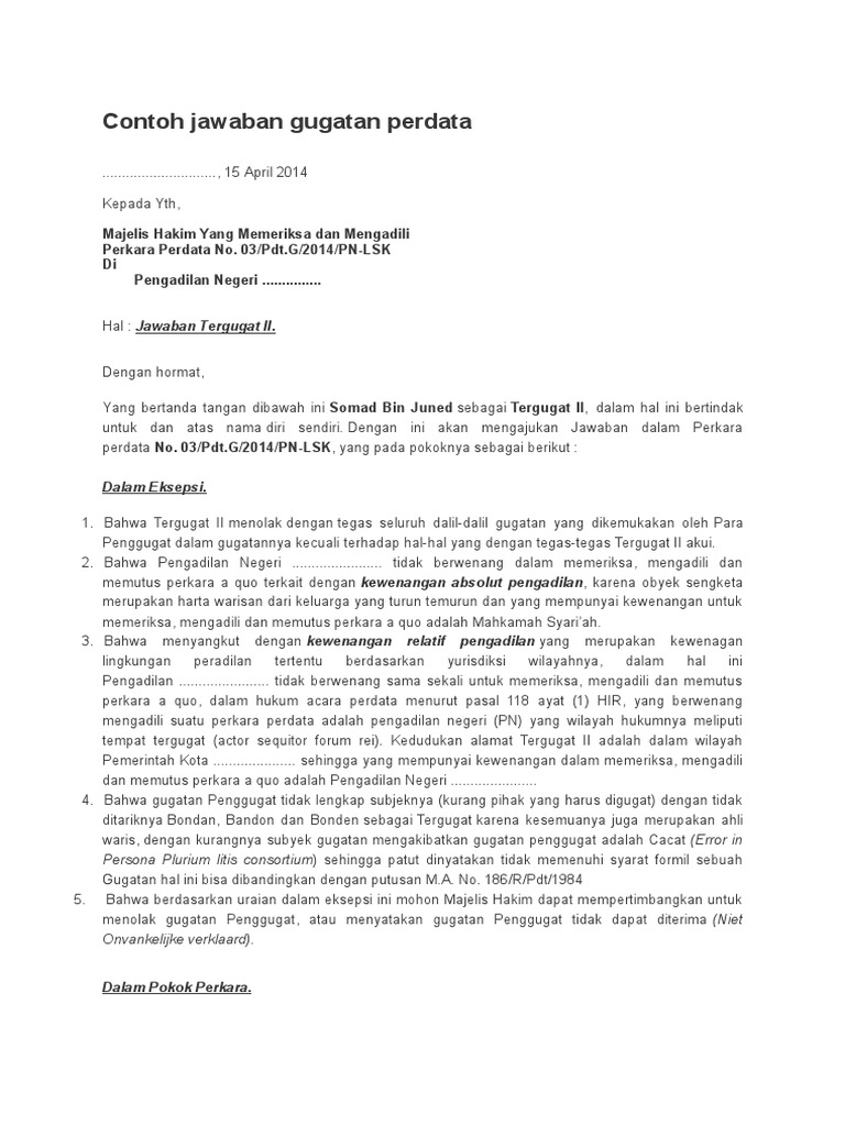 Contoh Jawaban Gugatan Perdata | PDF | Hukum