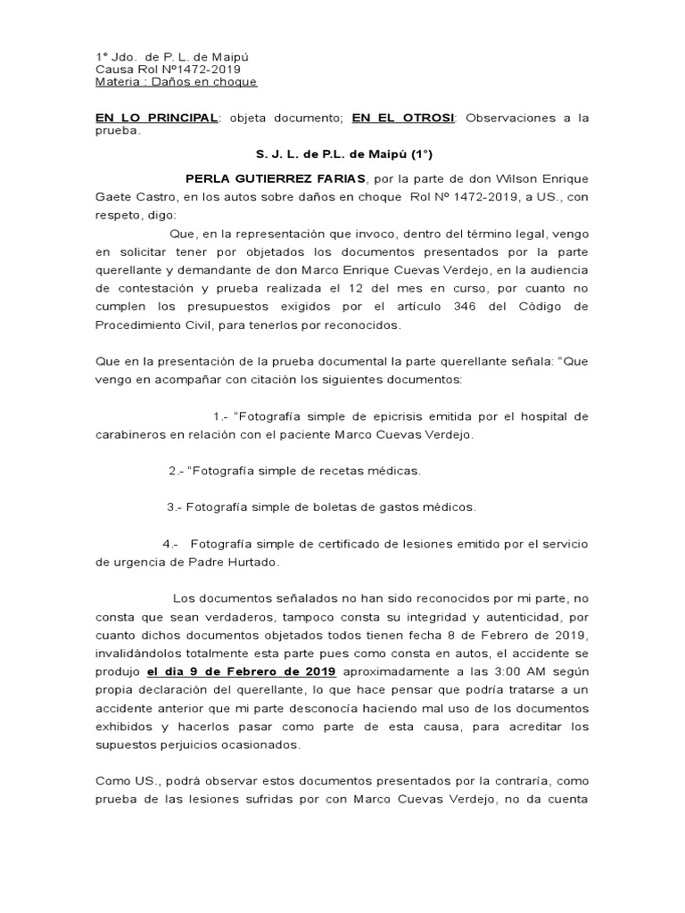 Objeta Documentos y Observacion A La Prueba. | PDF | Queja