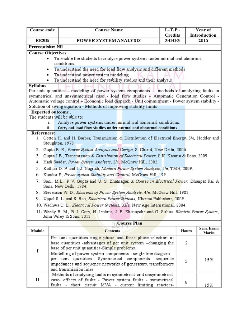 EE306 Power System Analysis | PDF | Electric Power | Electric Power System
