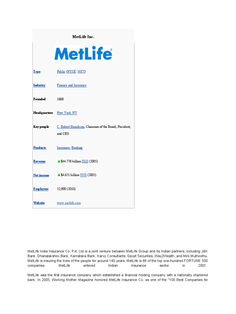 MetLife Inc | PDF | Met Life | Banking