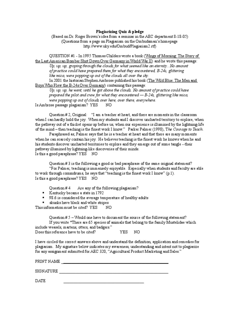 Plagiarizing Quiz & Pledge | PDF