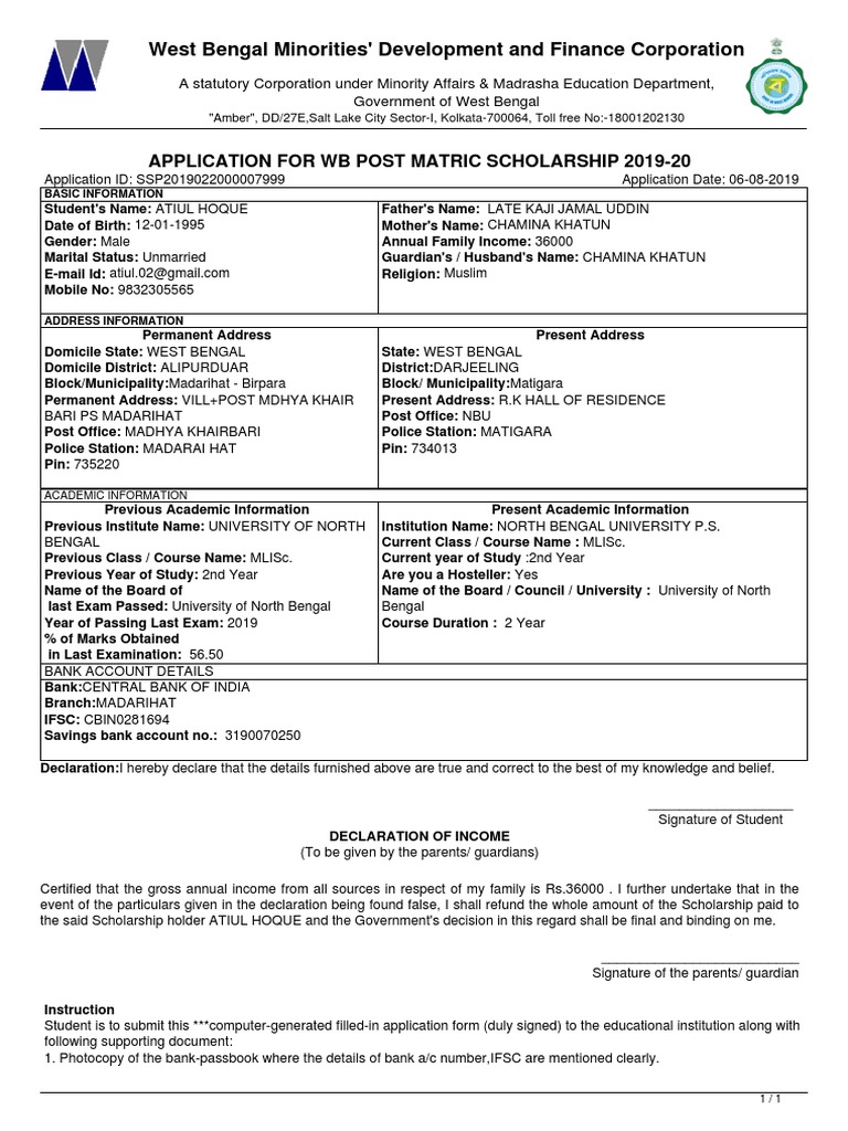 WB Post Matric Scholarship Application | PDF | Government | Social Institutions