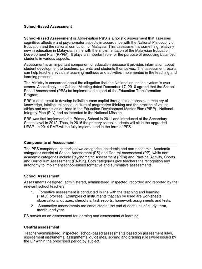 Overview of School-Based Assessment in Malaysia | PDF | Educational ...
