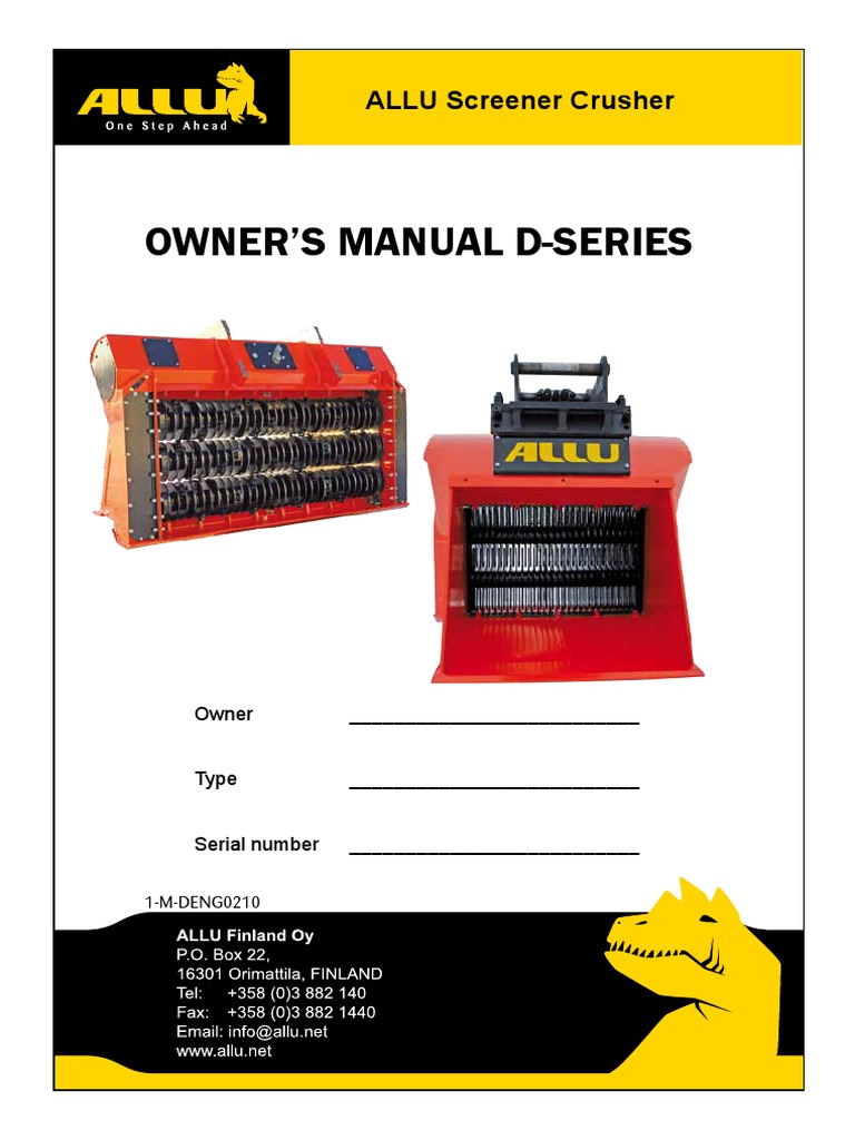 Owner'S Manual D-Series: ALLU Screener Crusher | PDF | Bearing (Mechanical) | Motor Oil