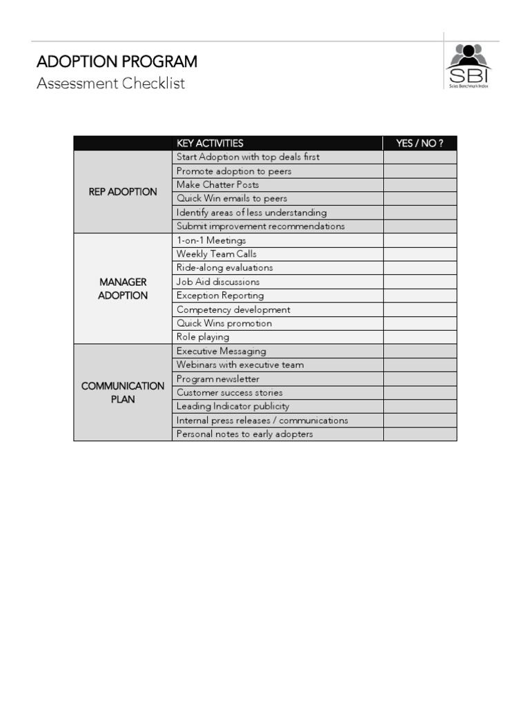 Adoption Program Assessment Checklist: Key Activities Yes / No ? | PDF