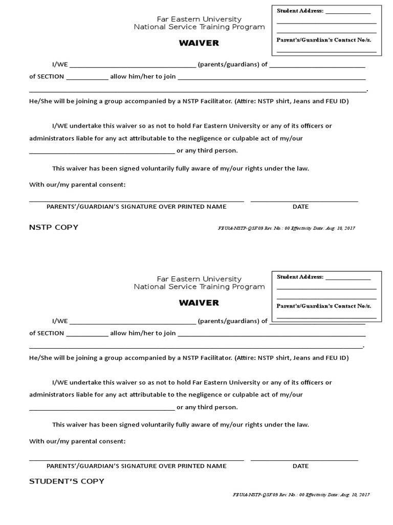 FEU NSTP Parental Consent Waiver | PDF | Government Information | Private Law