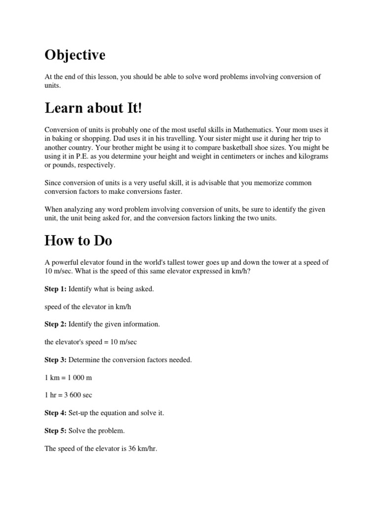 Math Word Problems Conversion of Units | PDF | Metre | Speed