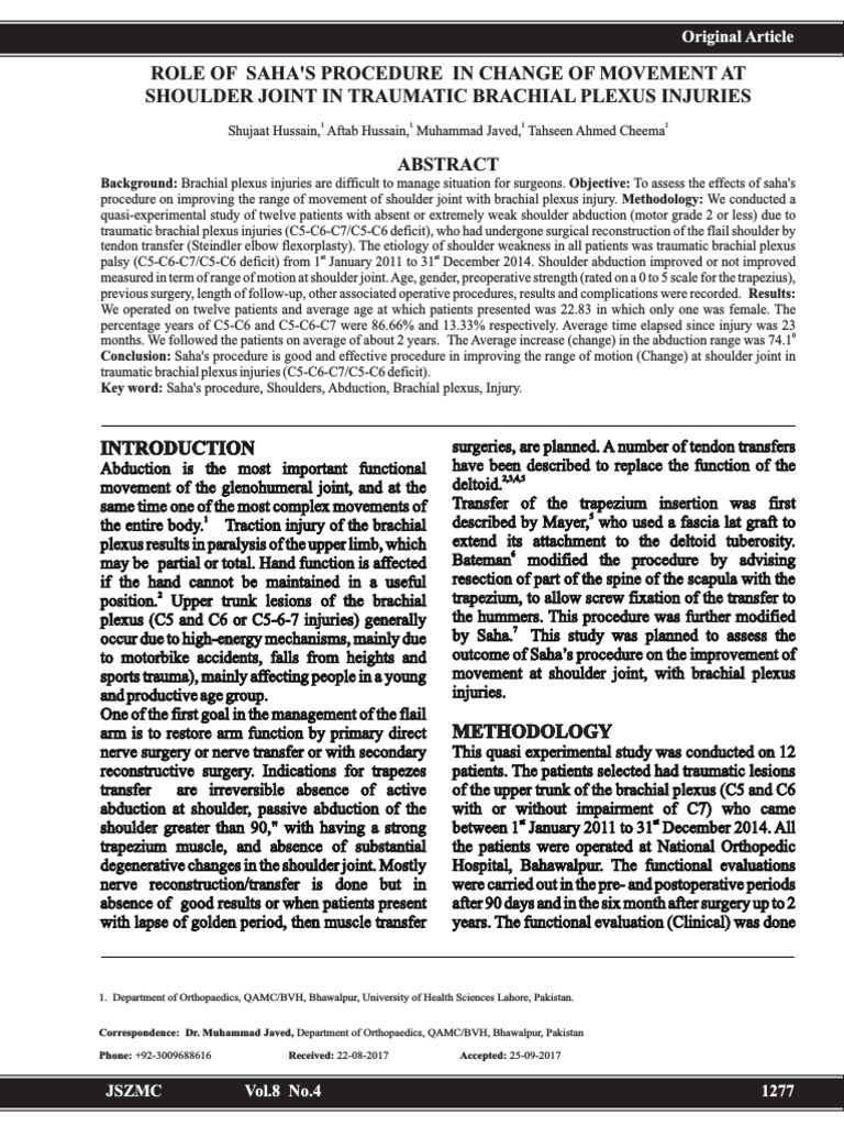 Role of Saha'S Procedure in Change of Movement at Shoulder Joint in ...