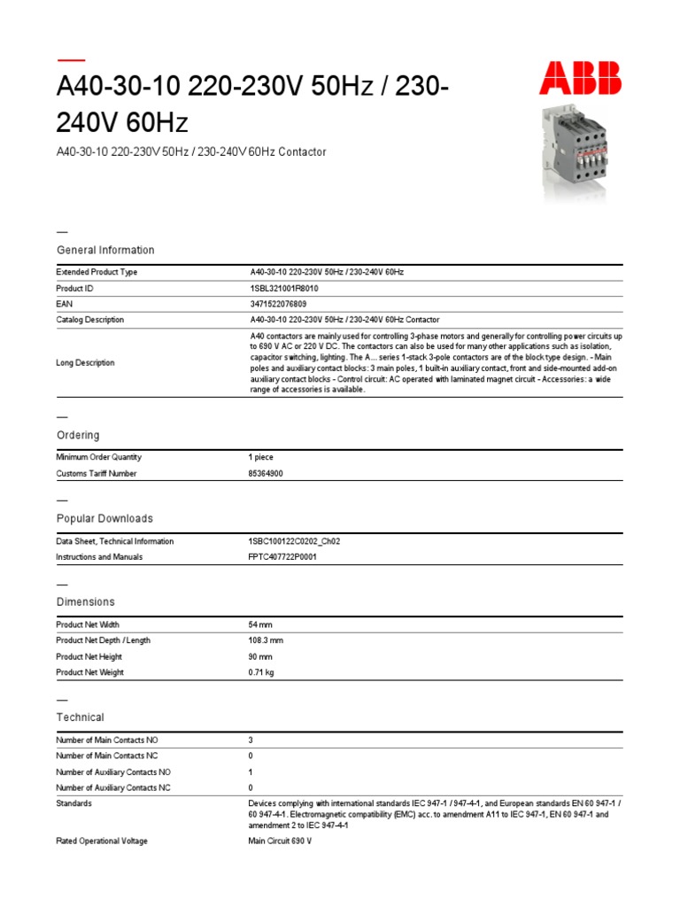 A40-30-10 Contactor Specifications | PDF | Components | Manufactured Goods